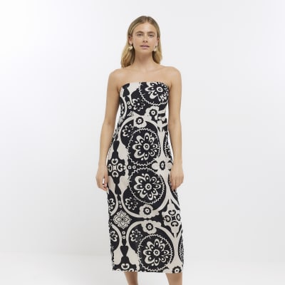 Cream linen blend bandeau midi dress | River Island