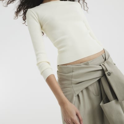 Cream Long Sleeve Knit Top | River Island