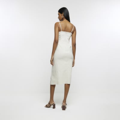 Cream ruched bodycon midi dress with linen | River Island