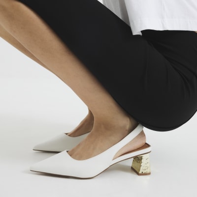 Cream Sling Back Court Metal Heeled Shoes | River Island