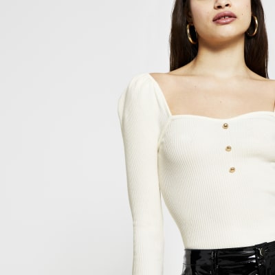 Cream Square Neck Fitted Long Sleeve Top River Island