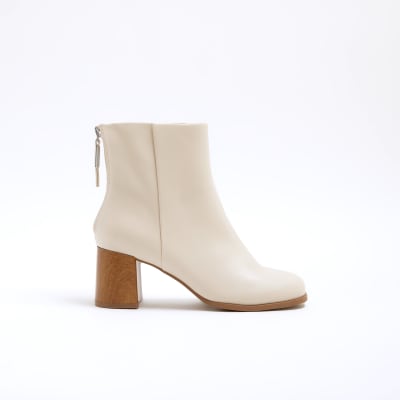 Cream wide fit block heeled ankle boots | River Island