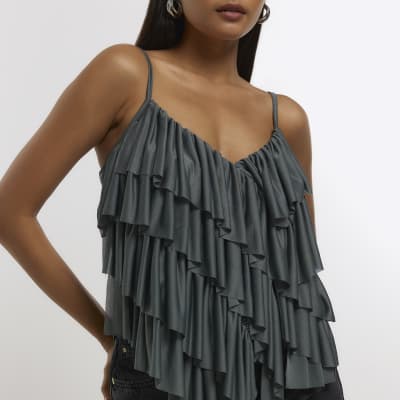 Dark green asymmetric ruffle cami top | River Island