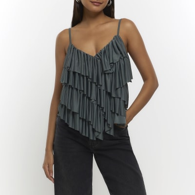 Dark green asymmetric ruffle cami top | River Island