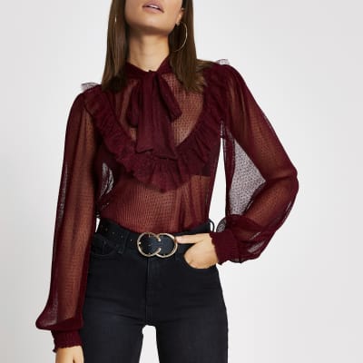 Dark Red Sheer Mesh Tie Neck Frill Blouse River Island