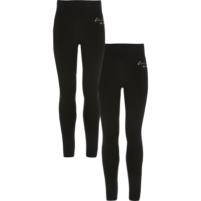 Girls Black Ri Fold Over Leggings 2 Pack River Island