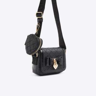 Girls black embossed monogram bow bag | River Island