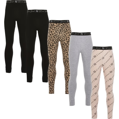 Girls Black Leopard Print Leggings 5 Pack River Island