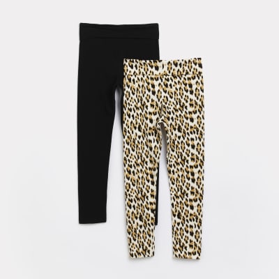 Girls Black Ri Leopard Print Leggings 2 Pack River Island