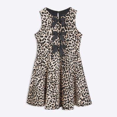 Girls Black Scuba Leopard Skater Dress | River Island