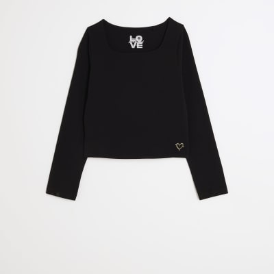 Girls black square neck long sleeve top | River Island