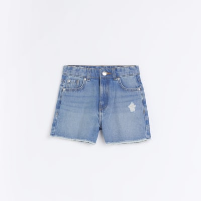 Girls Blue Denim Mom Shorts | River Island