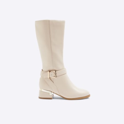 Girls Cream Heeled Knee High Boots | River Island