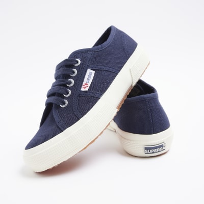 Girls navy Superga lace up canvas trainers | River Island