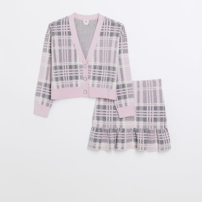 Girls pink check frill cardigan and skirt set | River Island
