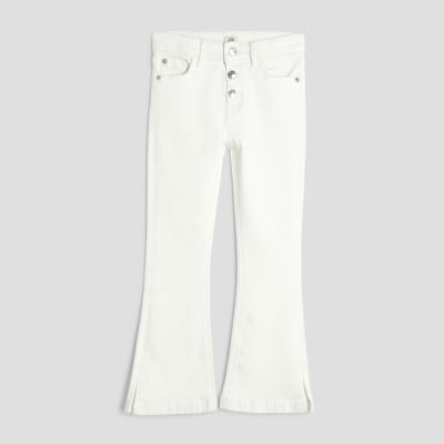 Girls White Denim Button Front Flared Jeans | River Island