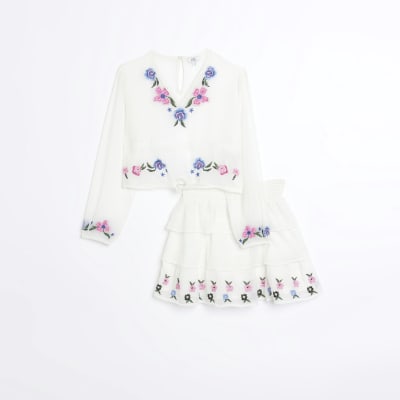 Girls White Floral Embroidered Sheer Set River Island