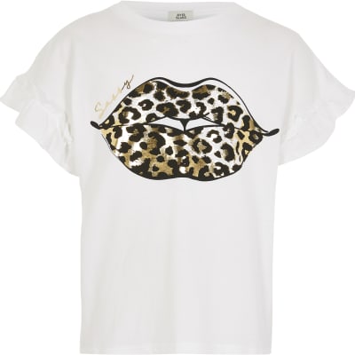 Girls White Leopard Lips Print T Shirt River Island