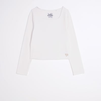Girls white square neck long sleeve top | River Island