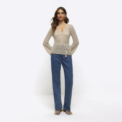 Gold crochet long sleeve top | River Island