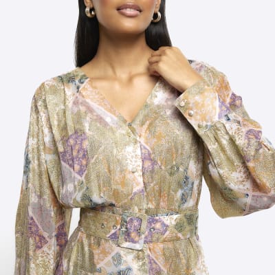 Gold floral patchwork belted swing midi dress | River Island