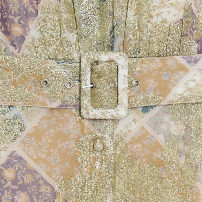 Gold floral patchwork belted swing midi dress | River Island