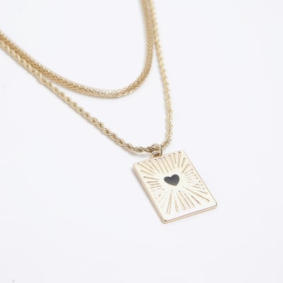 Gold heart tag multirow necklace | River Island