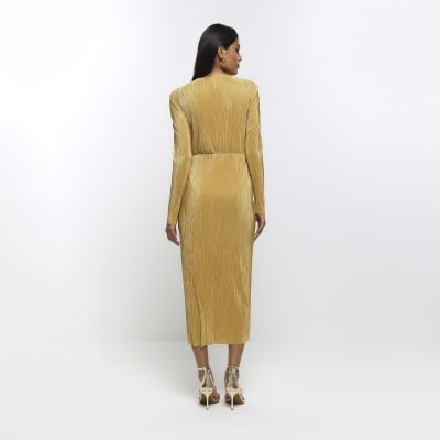 Gold plisse plunge bodycon midi dress | River Island