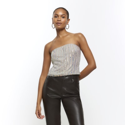 Gold sequin bandeau top | River Island