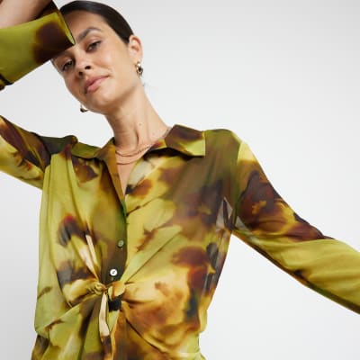 Green abstract print front knot blouse | River Island