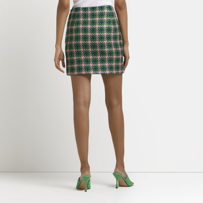 Green Checked Boucle Mini Skirt River Island