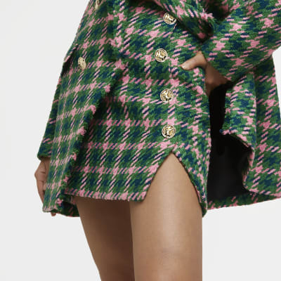 Green Checked Boucle Mini Skirt River Island