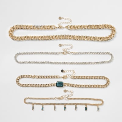 Green colour gold chain layered necklace | River Island