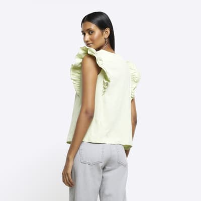 Green embroidered frill tank top | River Island