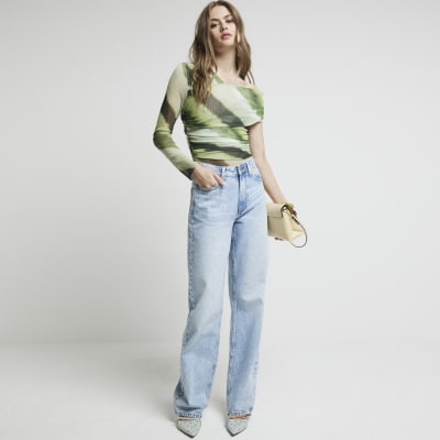 Green mesh asymmetric bodysuit | River Island