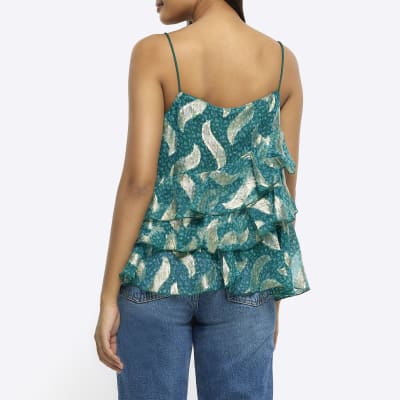 Green Metallic Ruffle Cami Top | River Island