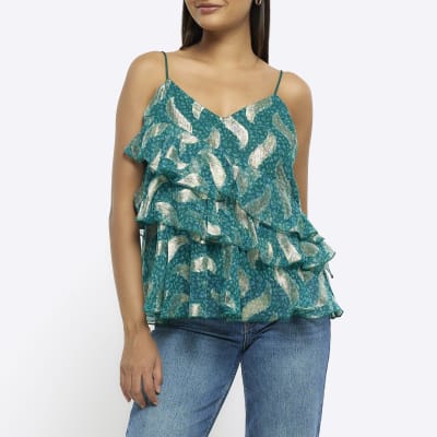 Green Metallic Ruffle Cami Top | River Island