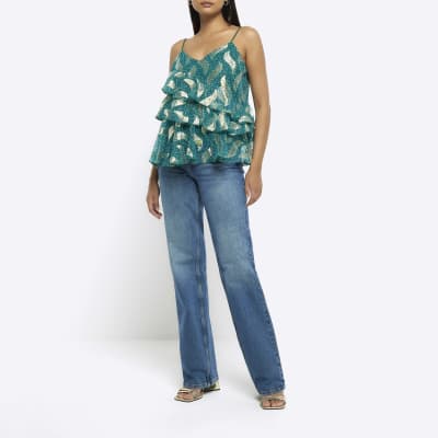 Green Metallic Ruffle Cami Top | River Island