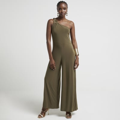 Green one shoulder hardware detail jumpsuit | River Island