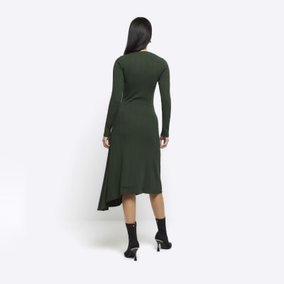 Green rib asymmetric bodycon midi dress | River Island