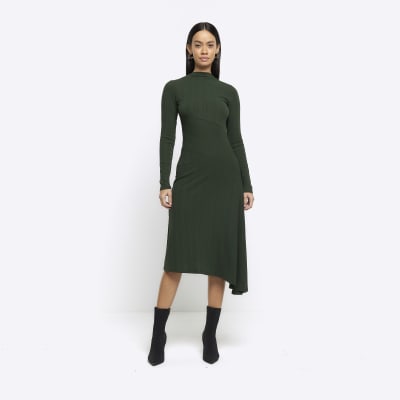 Green rib asymmetric bodycon midi dress | River Island