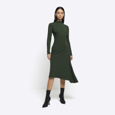 Green rib asymmetric bodycon midi dress | River Island