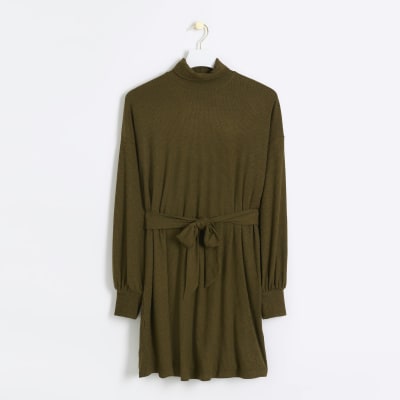 Green rib belted jumper mini dress | River Island