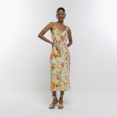 Green Satin Floral Cowl Neck Slip Midi Dress River Island