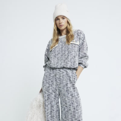 Grey Check Boucle Sweatshirt | River Island