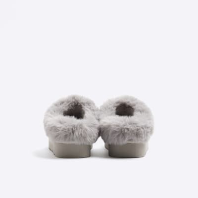 Grey faux fur platform slippers | River Island
