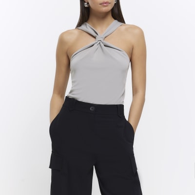 Grey knot front cami top | River Island