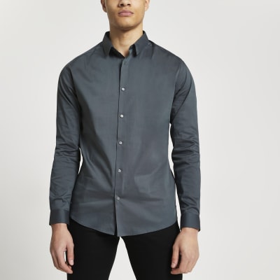 Grey Long Sleeve Muscle Fit Shirt River Island