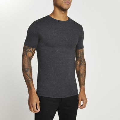 Grey Muscle Fit Short Sleeve T Shirt River Island