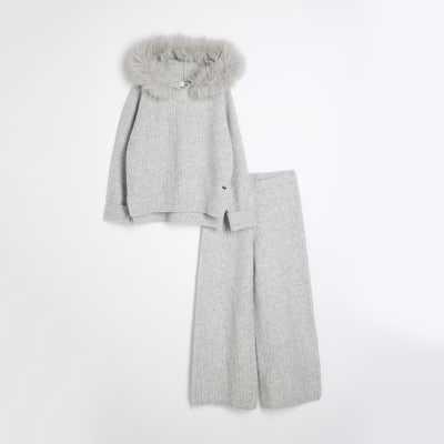 Grey Rib Hooded Wide Leg Set | River Island